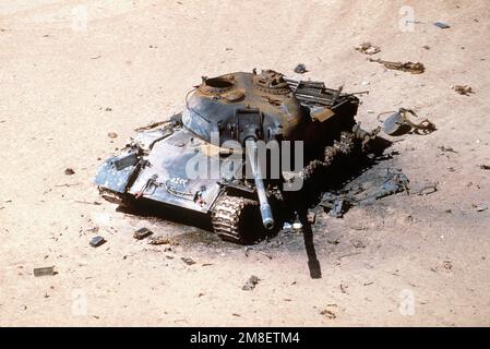 A view of an Iraqi T-55 main battle tank destroyed in a Coalition ...