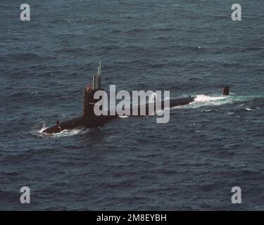 A port bow view of a Sturgeon class nuclear-powered attack submarine ...