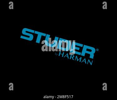 Studer, rotated logo, black background Stock Photo - Alamy