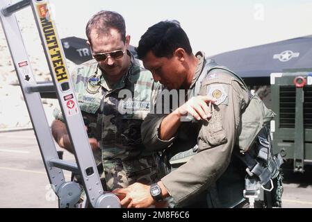 Pilot MAJ. Joe Bowley of the 37th Tactical Fighter Wing sits in the ...