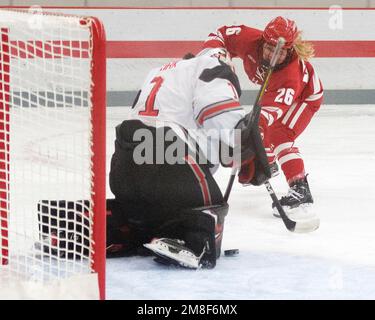 Wisconsin forward Casey O'Brien (26) shoots the puck against St. Cloud ...