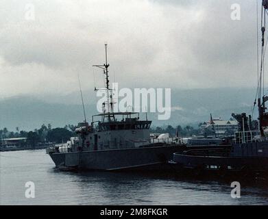The Western Samoan patrol boat NAFANUA lies tied up at the pier. The ...