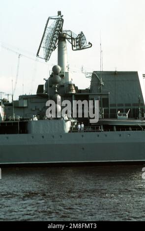 A port side amidships view of the Soviet Kresta II class guided missile ...
