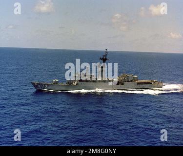 A port beam view of the frigate USS BRONSTEIN (FF-1037) underway. Base ...