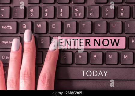 Hand writing sign Enter Now. Conceptual photo come or go into a ...