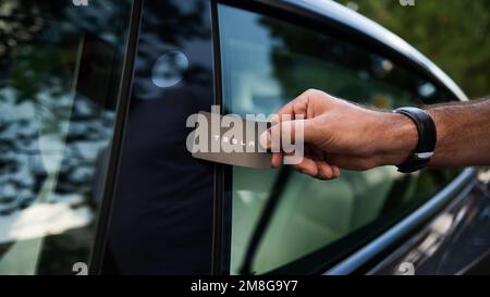 Novosibirsk, Russia - August 10, 2022: Tesla sign on a car wheel disk ...