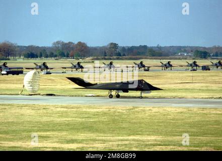 A 37th Tactical Fighter Wing (37th TFW) F-117A aircraft sits inside a ...