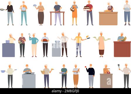 Older people cooking icons set isometric vector. Woman cook. Grandma ...