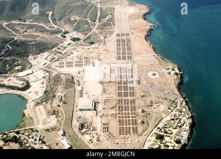 An aerial view of the tent city erected on an unused runway to temporarily house Haitian ...