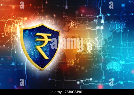 Indian Rupee symbol on Golden shield isolated on digital background. 3d ...