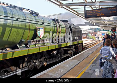 Steam locomotive 34046 'Braunton' seen at Chichester railway station ...