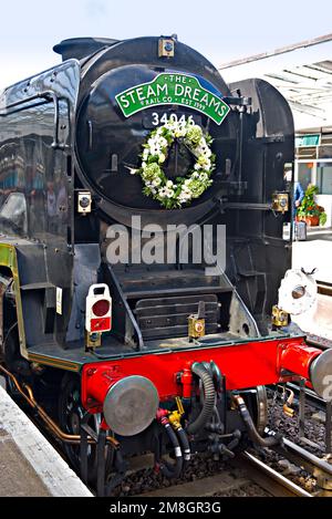 Steam locomotive 34046 'Braunton' seen at Chichester railway station ...