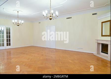 A huge empty room without furniture with laminate flooring high ...