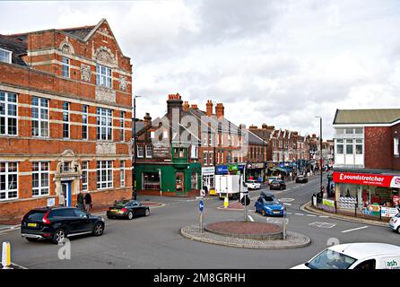 The south end of Tonbridge High Str3eet, Kent, with the public library ...