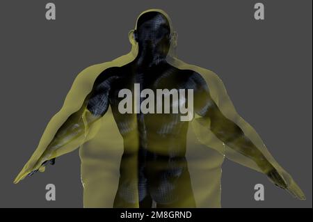3D render. Athletic man inside an obese body on a gray background Stock ...