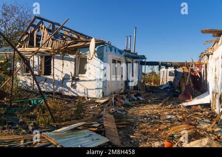 Countryside. Destroyed house after the battle. War in Ukraine. Russian ...