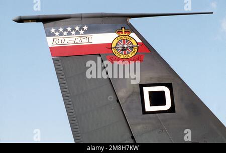 A close view of the tail section of a KC-10 Extender aircraft from the ...