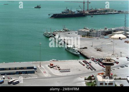 An aerial view of the naval base at Mina Sulman. Country: Bahrain (BHR ...