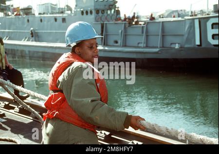Standing aboard the medium auxiliary floating dry dock STEADFAST (AFDM ...