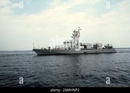 A port bow view of the coastal patrol ship USS CYCLONE (PC-1) underway ...