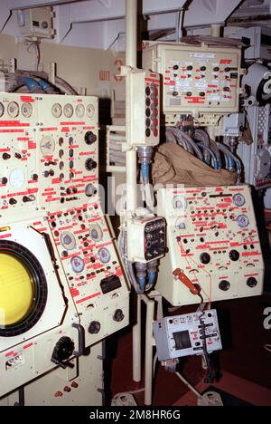 A console in the radar plot room of the USNS HIDDENSEE (185NS9201 ...