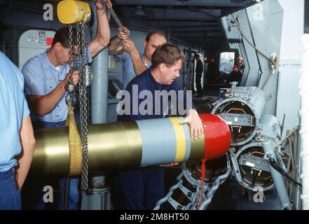 One of the Mark 32 triple torpedo launchers aboard the nuclear-powered ...