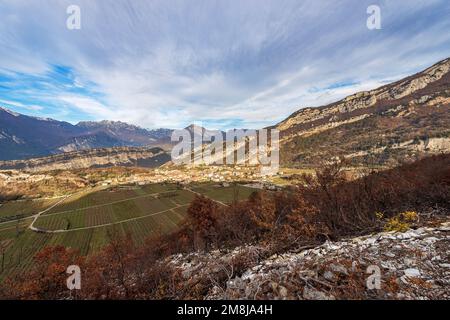 Aerial view of the small village of Nago-Torbole view from the mountain ...