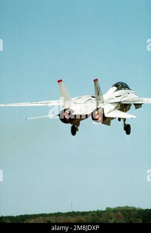 A rear view of an F-14A Tomcat aircraft of Fighter Squadron 103 (VF-103) parked on the flight ...