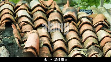 Homebuilding. Roofing materials. Ancient Tatar tiles on the roof of a ...