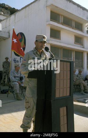 The 46th Forward Support Battalion (FSB) stands in formation at a ...