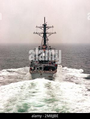An aerial stern-on view of the guided missile destroyer USS GONZALES ...
