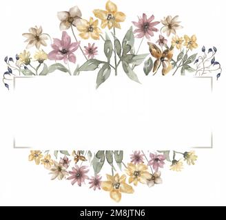 Wildflowers Wreath Clipart, Watercolor Meadow flowers bouquet, Dried ...