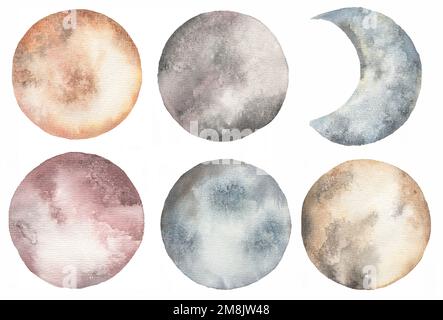 Watercolor Planets and Moon Phases Clipart, crescent clipart, Celestial ...