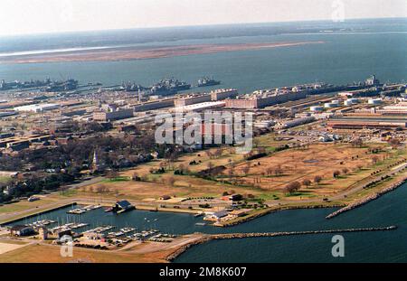 An aerial view looking southwest, of a portion of the Norfolk Naval Air ...