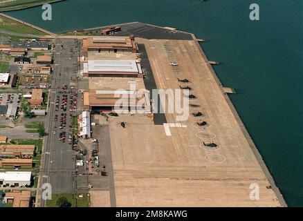 An aerial view of the old seaplane hangars at the Norfolk Naval Air ...