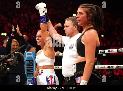 Elle Brooke (left) and Faith Ordway during the weigh-in at BOXPARK ...