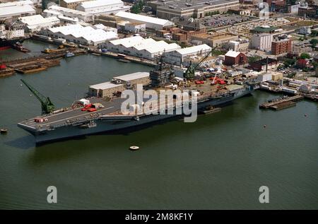 Aerial port bow view of the Newport class tank landing ship USS FRESNO ...