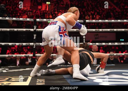 Elle Brooke (left) and Faith Ordway during the weigh-in at BOXPARK ...