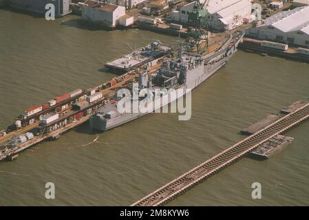 An aerial starboard quarter view of the tank landing ship USS ...