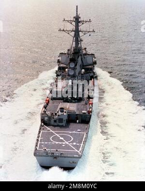 An aerial stern-on view of the guided missile destroyer USS MITSCHER ...