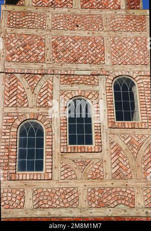 Windows of the Solvang historic, half timbered clock tower. The town's ...