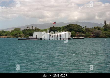 A view of the USS ARIZONA Memorial which spans the hulk of the sunken ...