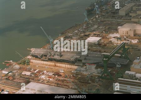 Aerial view Dry Dock #5 USS CONSTITUTION at pier Shipways #1 Degaussing ...