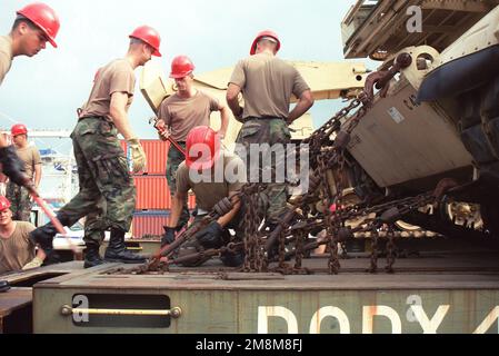 Heavy equipment belonging to the 3d Infantry Division line the pier ...