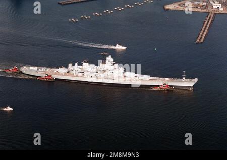 An aerial starboard side view of the battleship USS MISSOURI (BB-63 ...
