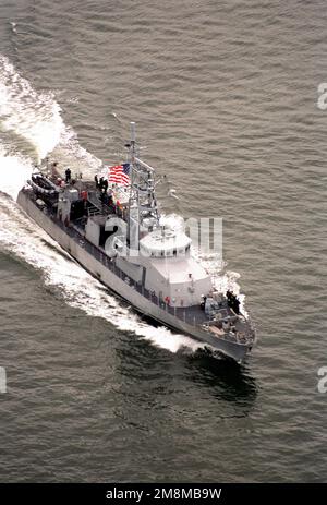 A port bow view of the coastal patrol ship USS CYCLONE (PC-1) underway ...