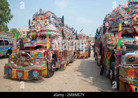 Colorfully painted buses at a bus station, Peshawar, Pakistan Stock ...
