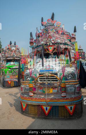 Colorfully painted buses at a bus station, Peshawar, Pakistan Stock ...
