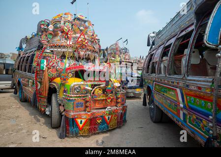 Colorfully painted buses at a bus station, Peshawar, Pakistan Stock ...