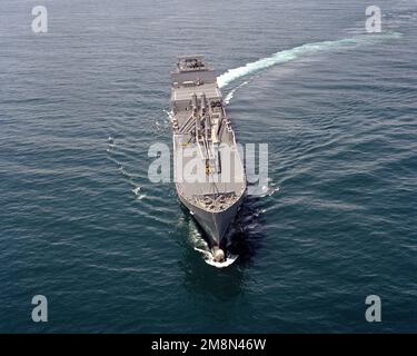 A high oblique bow on view of the guided missile cruiser USS PORT ROYAL (CG-73) during sea ...